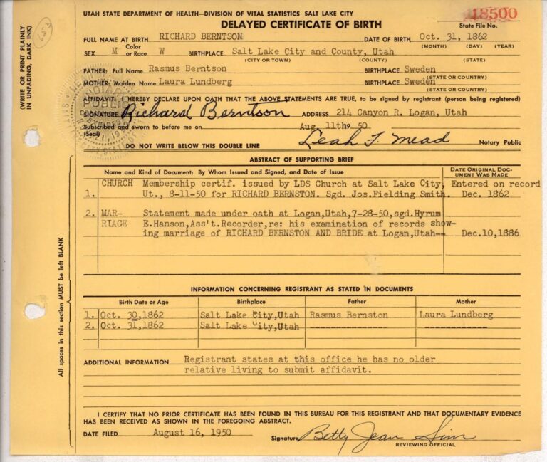 Delayed Certificates of Birth | Utah Division of Archives and Records ...